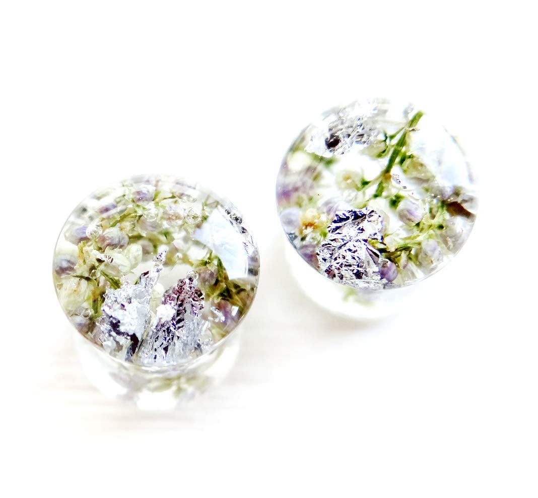 ETERNIADA Ear gauges and Plugs Silver Flakes and Tamarisk Flower Plug and Tunnel 0g Plugs 28mm Plugs Floral gauges Resin Plug Bridal Plugs 6g 4g 2g Dried Herbs (22mm / 7/8" / Pair)