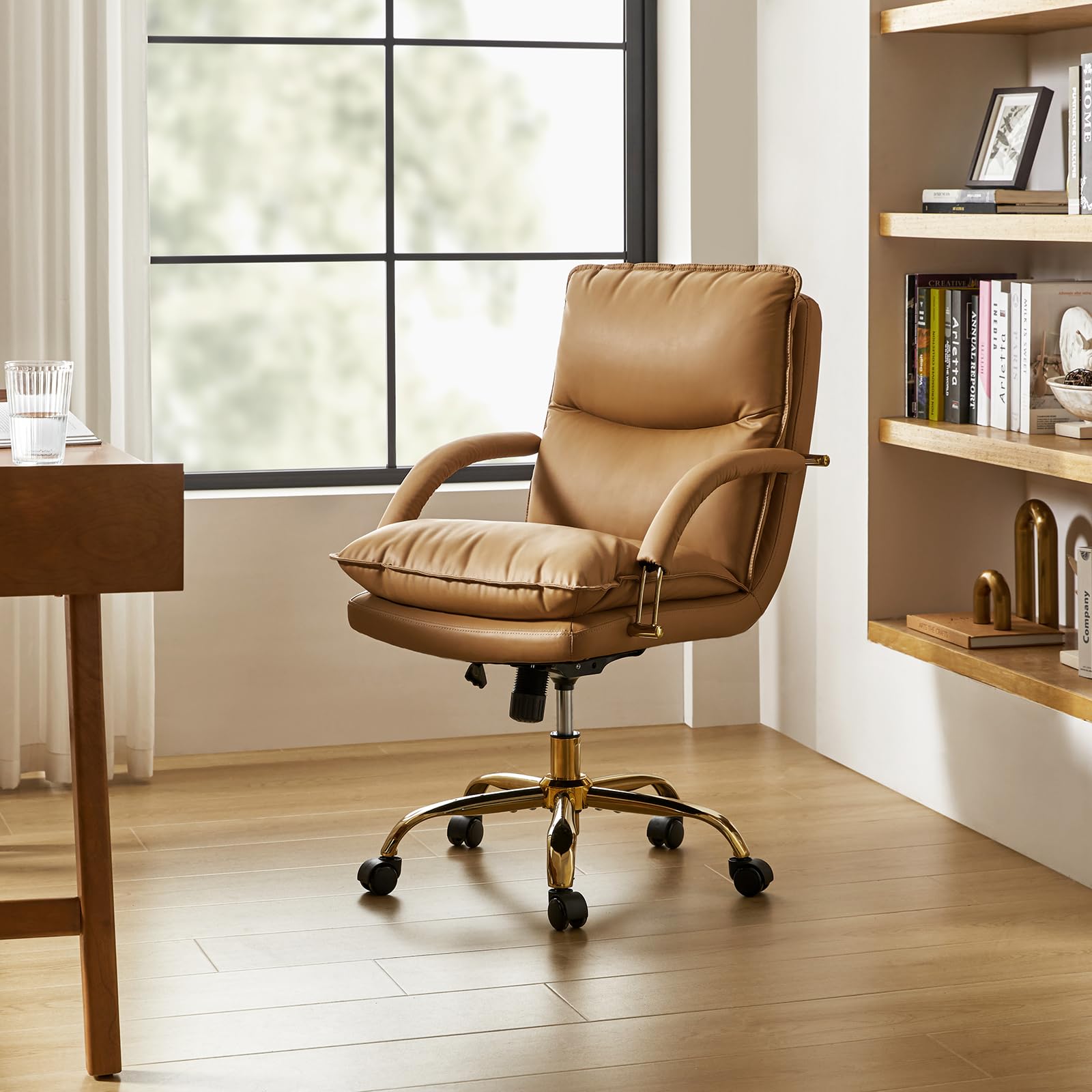 HULALA HOME Office Desk Chair, Leather Adjustable Swivel Computer Chair with Golden Legs and Padded Arms, Comfy Upholstered Task Chair, Camel