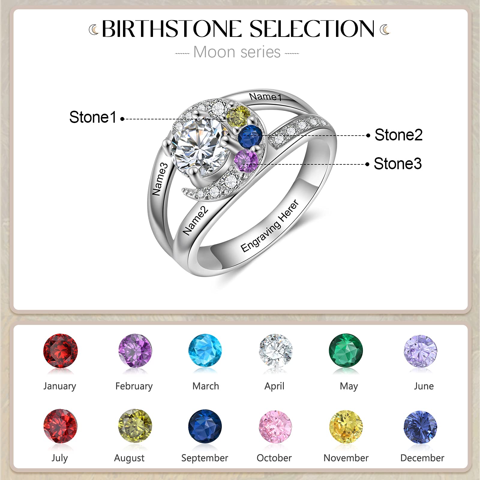 Gemsbe Custom Moon Statement Grandma Ring Personalized Promise Rings for Her Engraved Names Anniversary Ring for Women (3 stones)