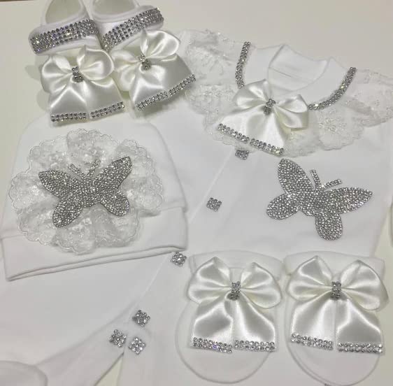 Luxurious handmade Baby Girl/Boy Hospital Exit born Bling Outfits Layette Set Special Occasion Outfit, style6, N/3, White and Silver