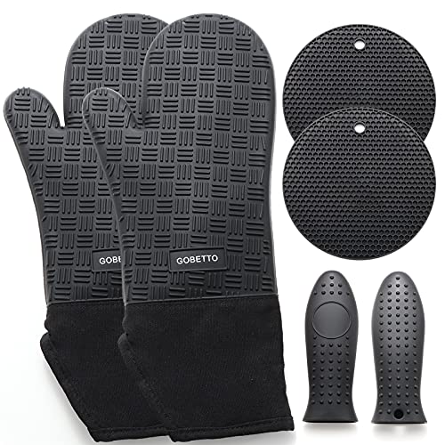 GOBETTO 6-Piece Silicone Oven Mitts and Pot Holders Sets, 15-inch Extra Long Heat Resistant Oven Gloves with Cast Iron Handle Cover Holders and Hot Pads for Kitchen Cooking Baking Grilling (Black)
