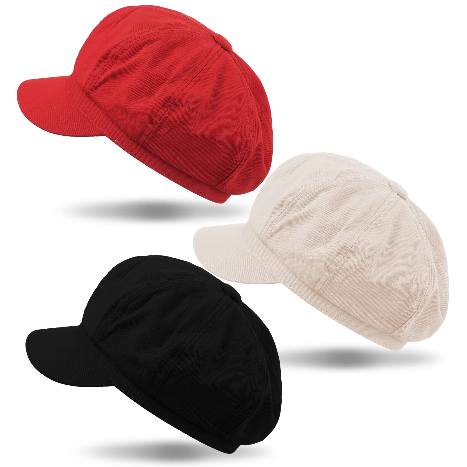 Geyoga 3 Pcs Summer Women Newsboy Cap Adjustable Visor Beret Hats Soft 8 Panels Vintage Cabbie Hat Octagonal Cap for Women(White, Red, Black)