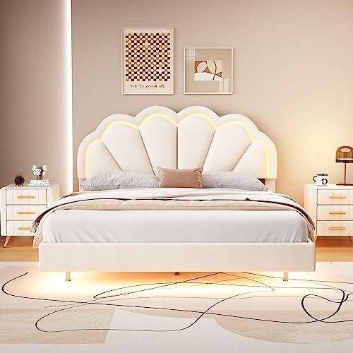 Queen Upholstered Smart LED Bed Frame with Elegant Flowers Headboard,Wooden Slats Support, Floating Velvet Platform Bed for Kids (Beige/Flower2)