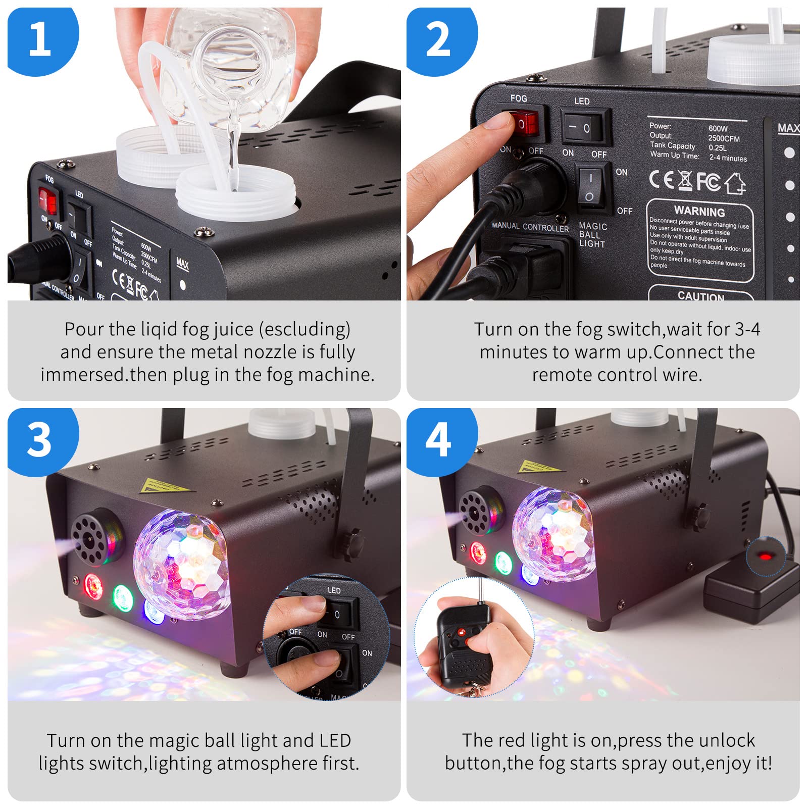Fog Machine 600W Smoke Machine with Disco Ball Lights 2300 CFM Huge Fog with Wireless and Wired Remote Control for Parties Halloween Wedding Christmas Dance DJ