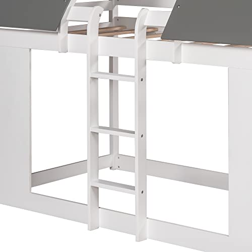 Harper & Bright Designs House Bunk Bed for Kids, Low Bunk Bed Twin Over Twin, Wood Toddler Bunk Beds Frame with Roof and Ladder for Girls Boys, White
