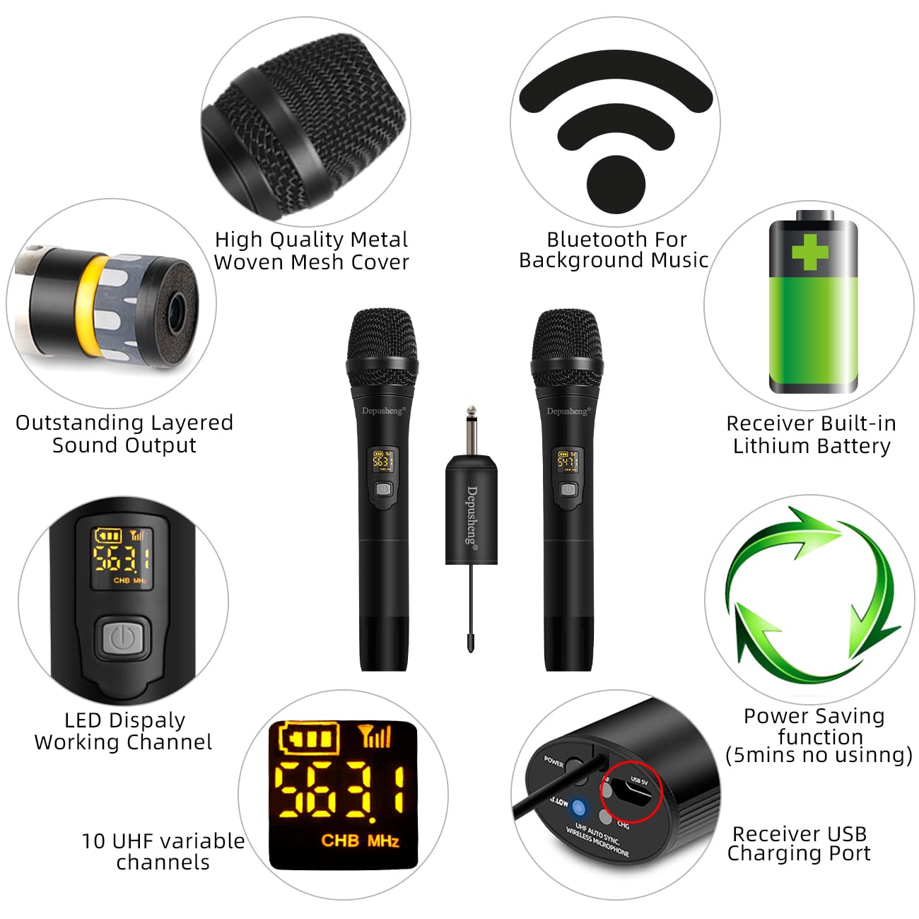 Depusheng W2 UHF Wireless Microphone System Handheld LED Mic UHF Speaker with Portable Receiver