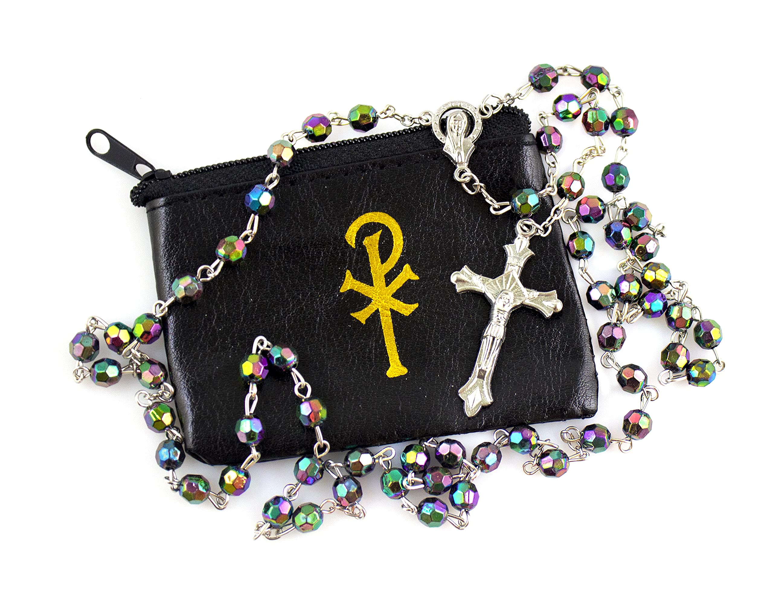 Elysian Gift Shop Catholic Multicolor 6mm Jet Aurora Borealis Faceted beads Silver Metal Rosary with Black Vinyl Rosary Case with gold accent