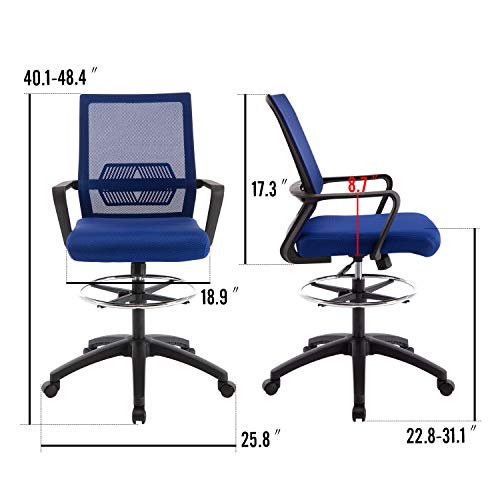 Ergonomic Mesh Office Drafting Chair - Adjustable Height with arms, Tall Office Computer Reception Desk Chair (Blue)