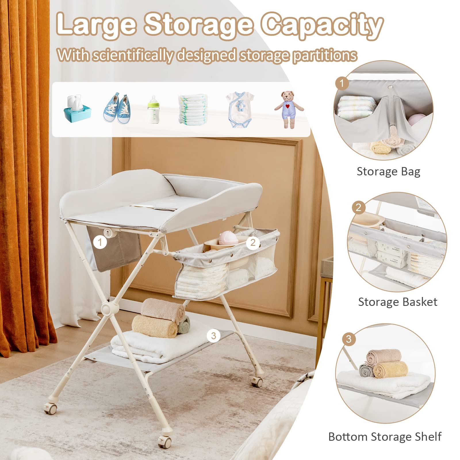 GLACER Foldable Diaper Changing Station, Height Adjustable Changing Table with Storage, Removable & Lockable Wheels, Safety Belt, Water Basin, Mobile Nursery Organizer for Baby Infant Newborn (Gray)
