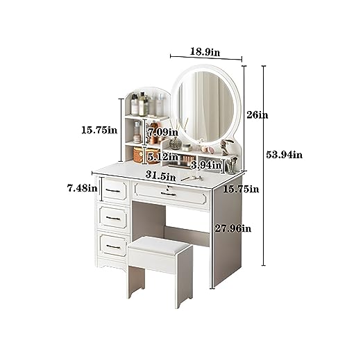 Vanity Set with Lights and Stool Makeup Vanity Desk with Mirror Dressing Table with Four Drawers Raise the Fence to Prevent Falling Exquisite Handle Smooth Pulling Three Level Brightness Adjustment (