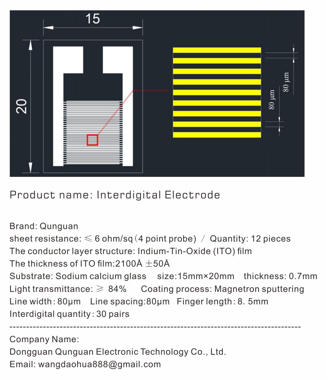 Qunguan IDE(Interdigital Electrode) on ito Glass 80μm Indium-Tin-Oxide Film Superpolar Conductivity Transparent Biosensor Medical Chemical Optical Sensor Chip (15mm×20mm, 12 pcs)