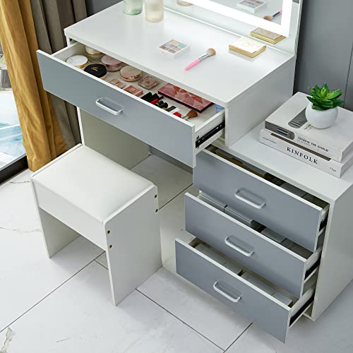 Vanity Table Set, Makeup Vanity Desk with 4 Drawers for Storage, Dressing Table with Led Touch Mirror, Upholstered Stool, White/Blue