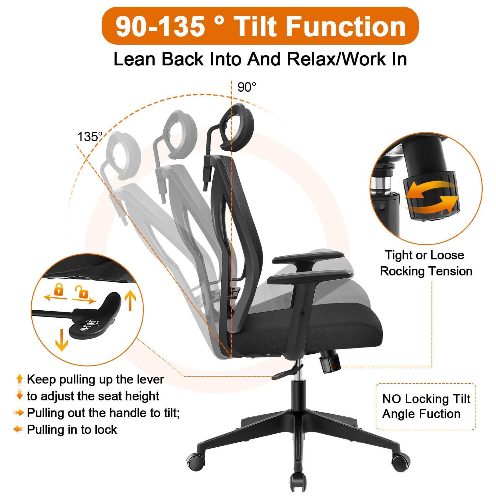 Ergonomic Mesh Office Chair, Home Office Desk Chairs with Adjustable Lumbar Support, 2D Headrest, 135 °Tilt Function, Computer Chair with Thicken Cushion, Swivel Executive Task Chair for Home,350lb
