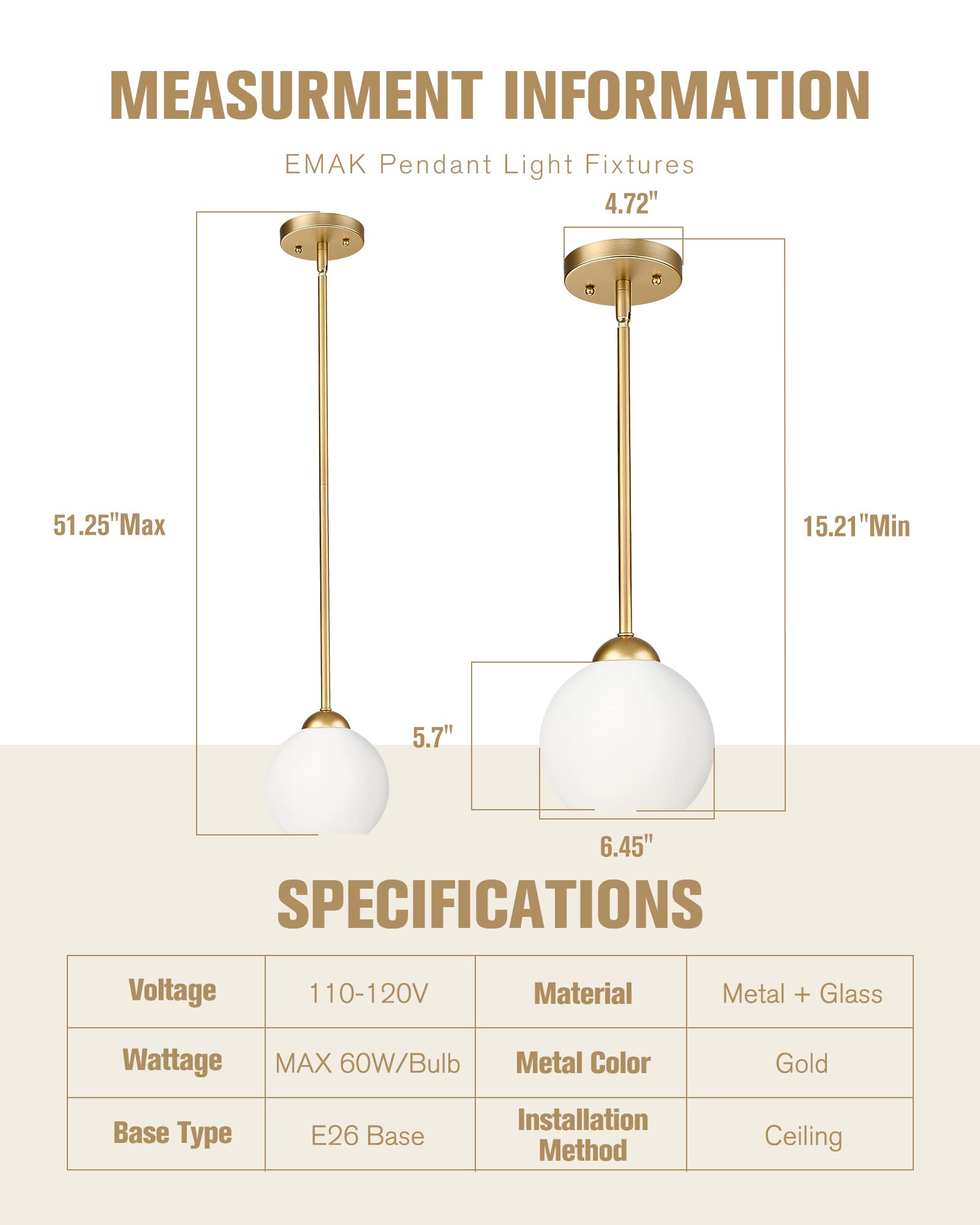 Emak 7 Inch Globe Pendant Lights, Modern Gold Pendant Light Fixtures, 1 Light Hanging Lights with Milk Glass Shade for Kitchen Island, Bathroom, Dining Room, Bedroom, PL119-GD-ML