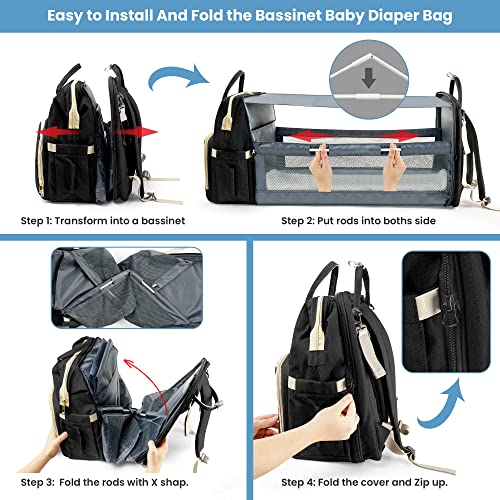 Kompoll Diaper Bag Backpack, Multifunction Waterproof Large Travel Baby Changing Bags Back Pack for Dad/Mom, Stuff Organizer Backpack with Station, Registry Search (Black)