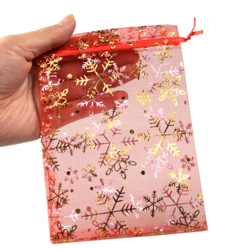 SUNGULF 100pcs Organza Pouch Bag Drawstring Gift Bags (Red Gold Snowflake, 5x7 Inch)