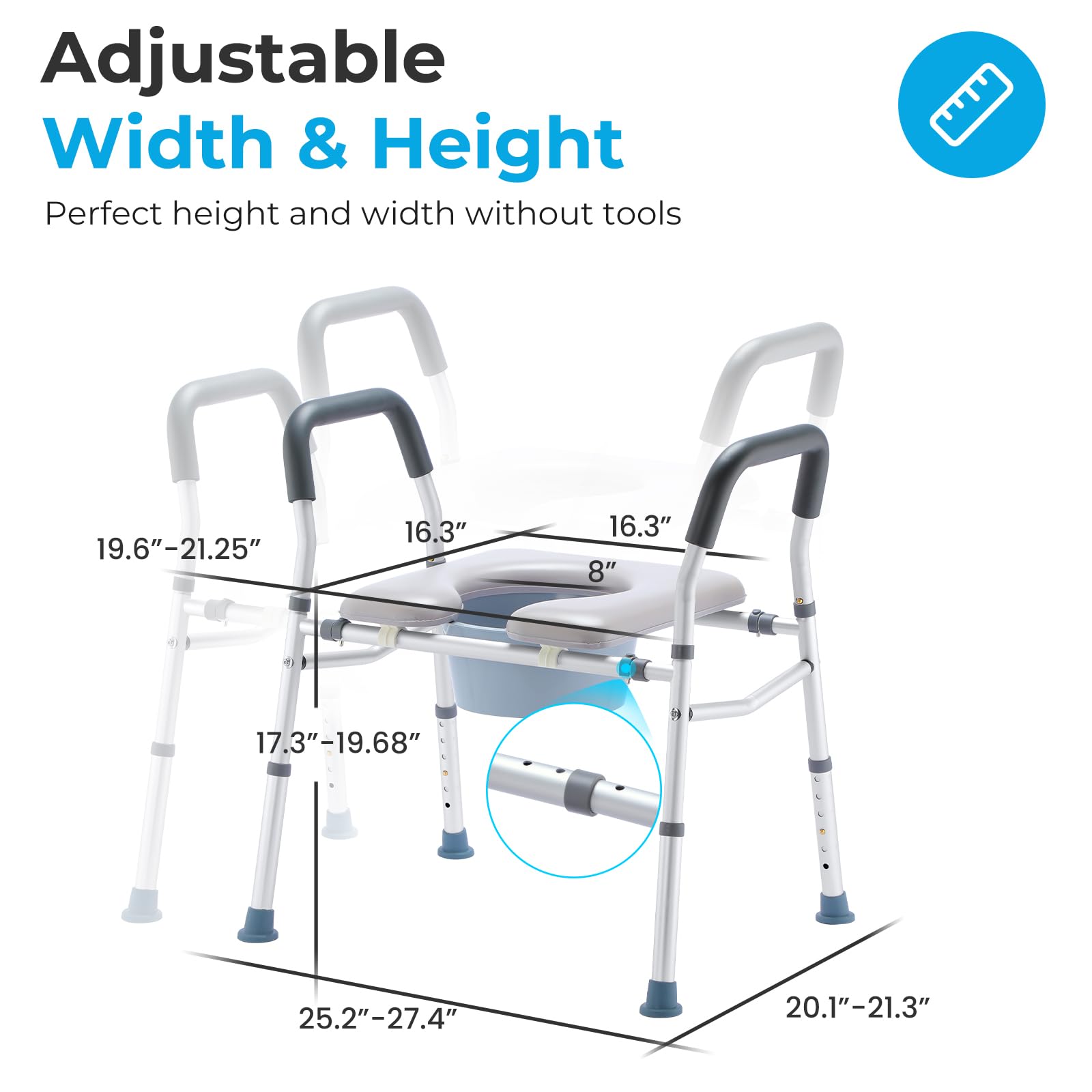 HEAO 3-in-1 Raised Toilet Seat, Adjustable Width/Height, Padded Seat with Splash Guard, Toilet Safety Frame, Shower Chair for Seniors, Handicap,Pregnant, 300 lbs