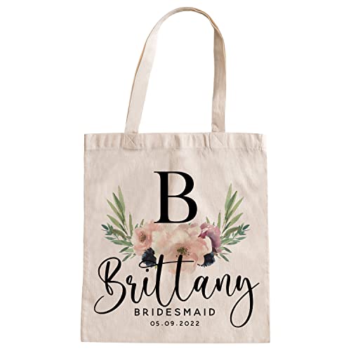 Single, Floral Totes for Bridesmaid Personalized, Initial Tote Bag w/Name - 8 Flowers, Monogrammed Bridal Shower Bags, Bridesmaid Gifts