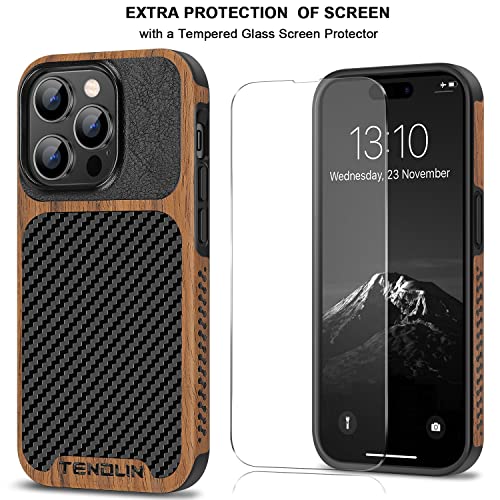TENDLIN Compatible with iPhone 14 Pro Max Case Wood Grain with Carbon Fiber Texture Design Leather Hybrid Slim Case Black
