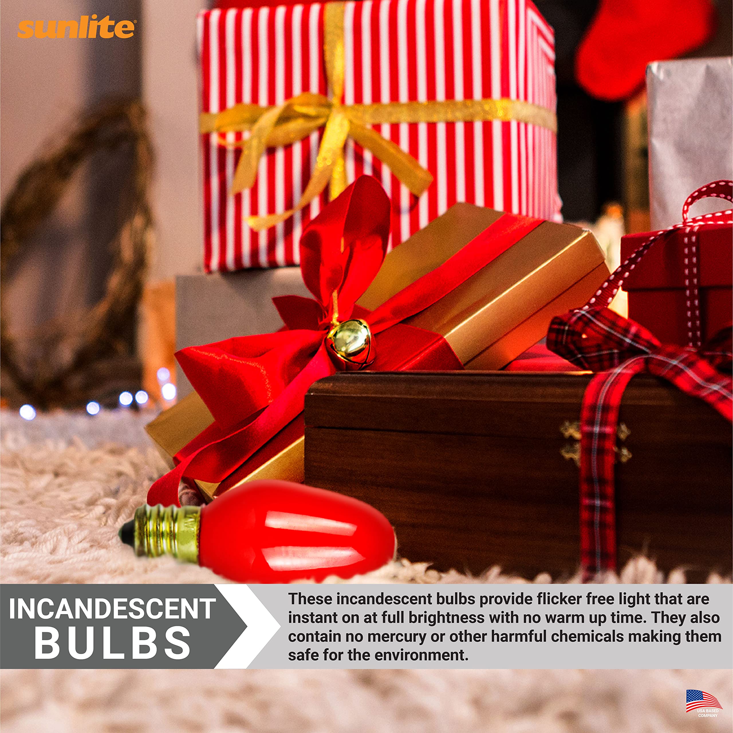 Sunlite 7C7 Incandescent Bulb, 7 Watt, Candelabra E12 Base, C7 Small Night Light, Colored Bulb, Red, 8 Count