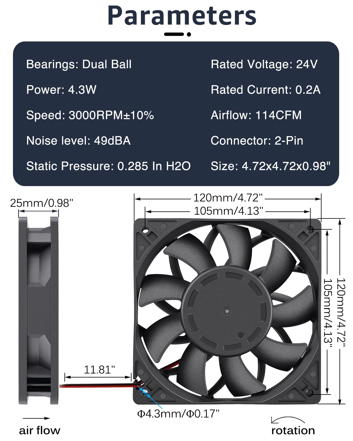 GDSTIME 24V DC Brushless Cooling Fan, 120mm Case Fan, Dual Ball Bearings 120mm x 120mm x 25mm Cooler Fan