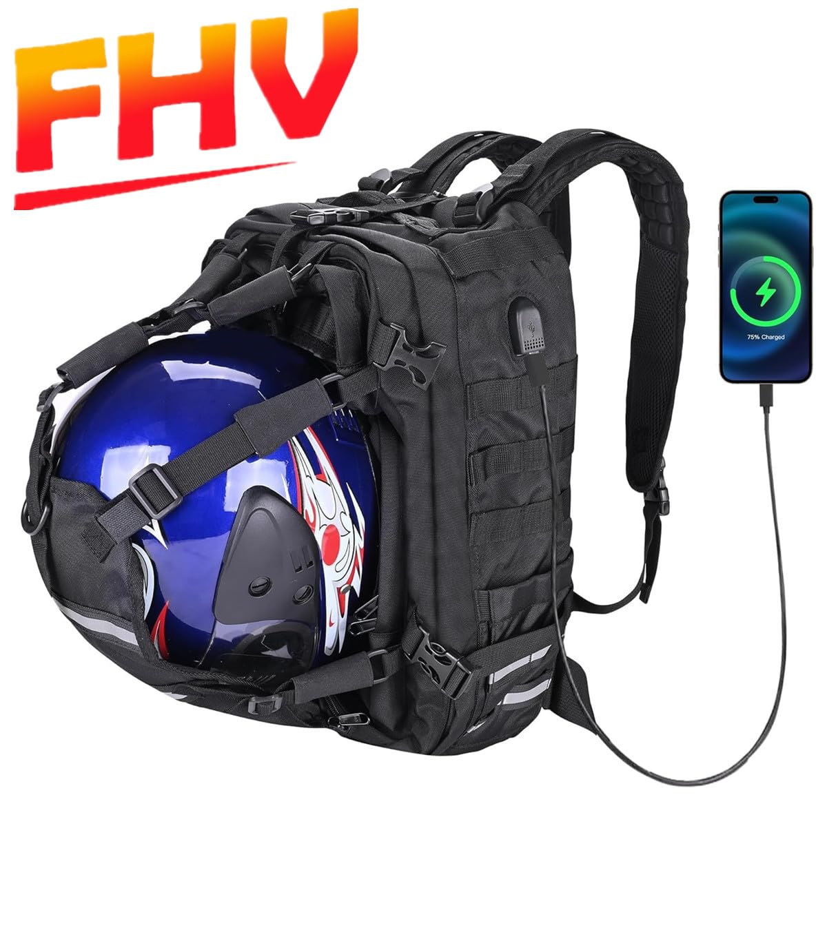 FHV Rechargeable Motorcycle Helmet Backpack with USB Charger Port,Large Capacity Cycling Helmet Holder Backpack Water Resistant Hiking Backpack Military Tactical Backpack for Men Women