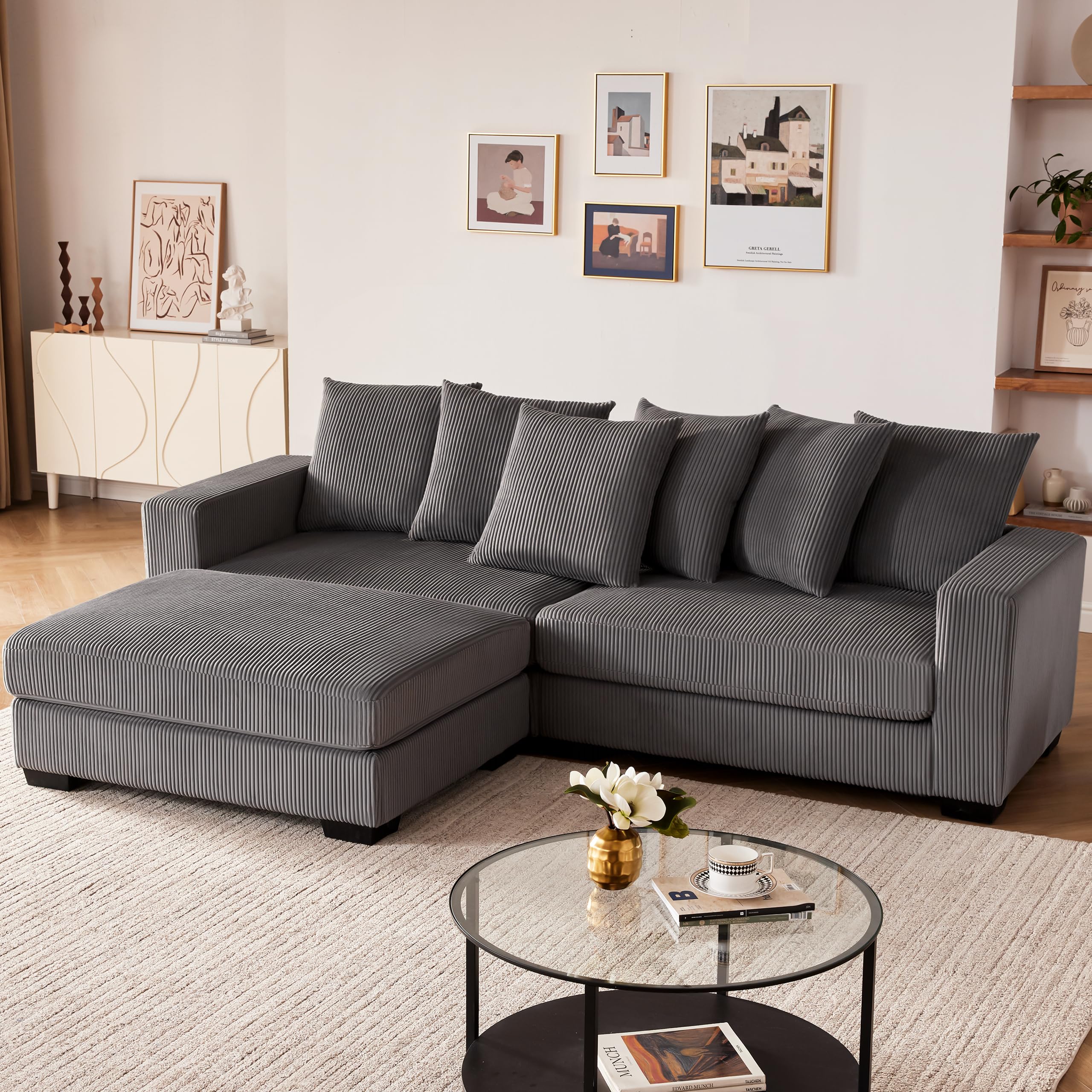 Mangodan 101.6" Deep Seat Modular Sectional Sofa, Comfy Corduroy Sectional Couches for Living Room, L-Shaped Upholstered Cloud Couch with Chaise, Widened Armrests for 4 People, Dark Grey