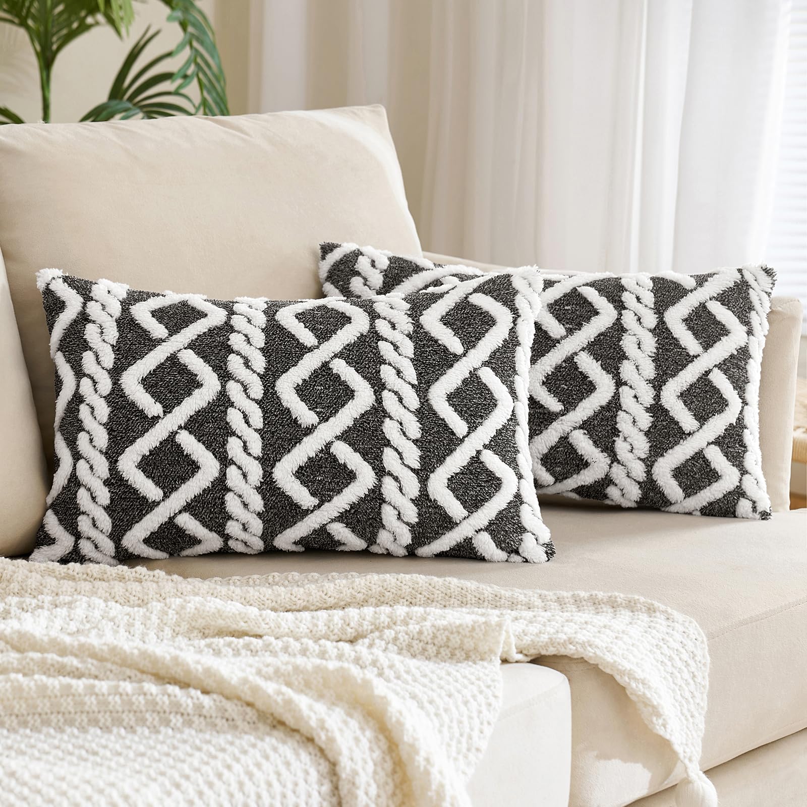 EMEMA Decorative Faux Wool Throw Pillow Covers Soft Plush Fuzzy Short Fleece Rectangle Cushion Covers Solid Pillowcases for Couch Bed Sofa Living Room Pack of 2, 12x20 Inch Cream Beige