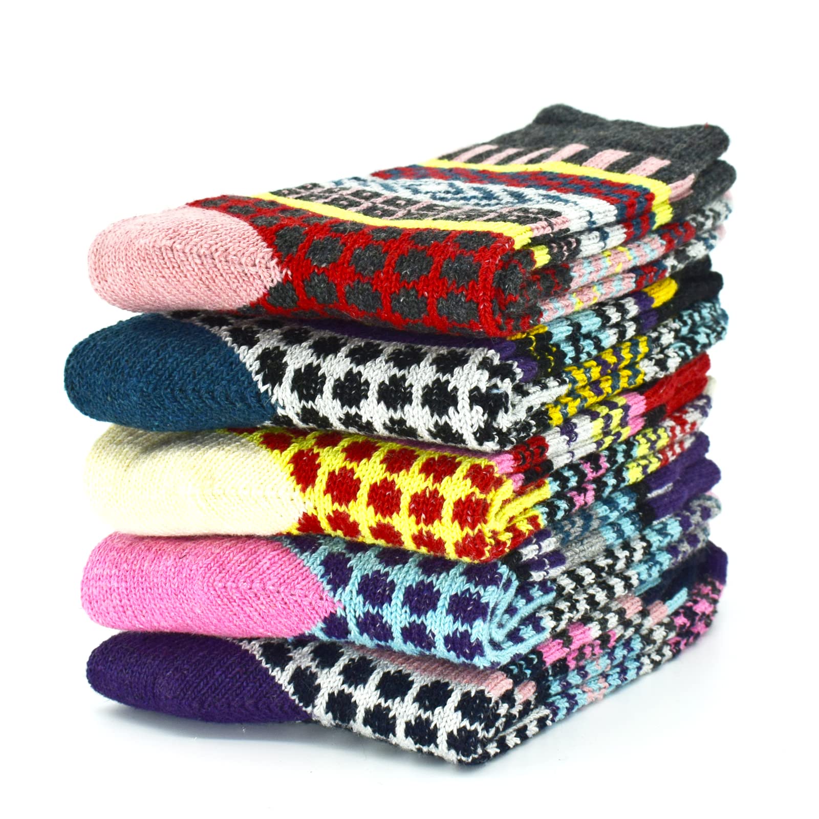 Fly love 5 Pairs Womens Vintage Wool Socks Winter Warm Hiking Thick Thermal Boot Crew Comfy Sock 5-8 (Style B)