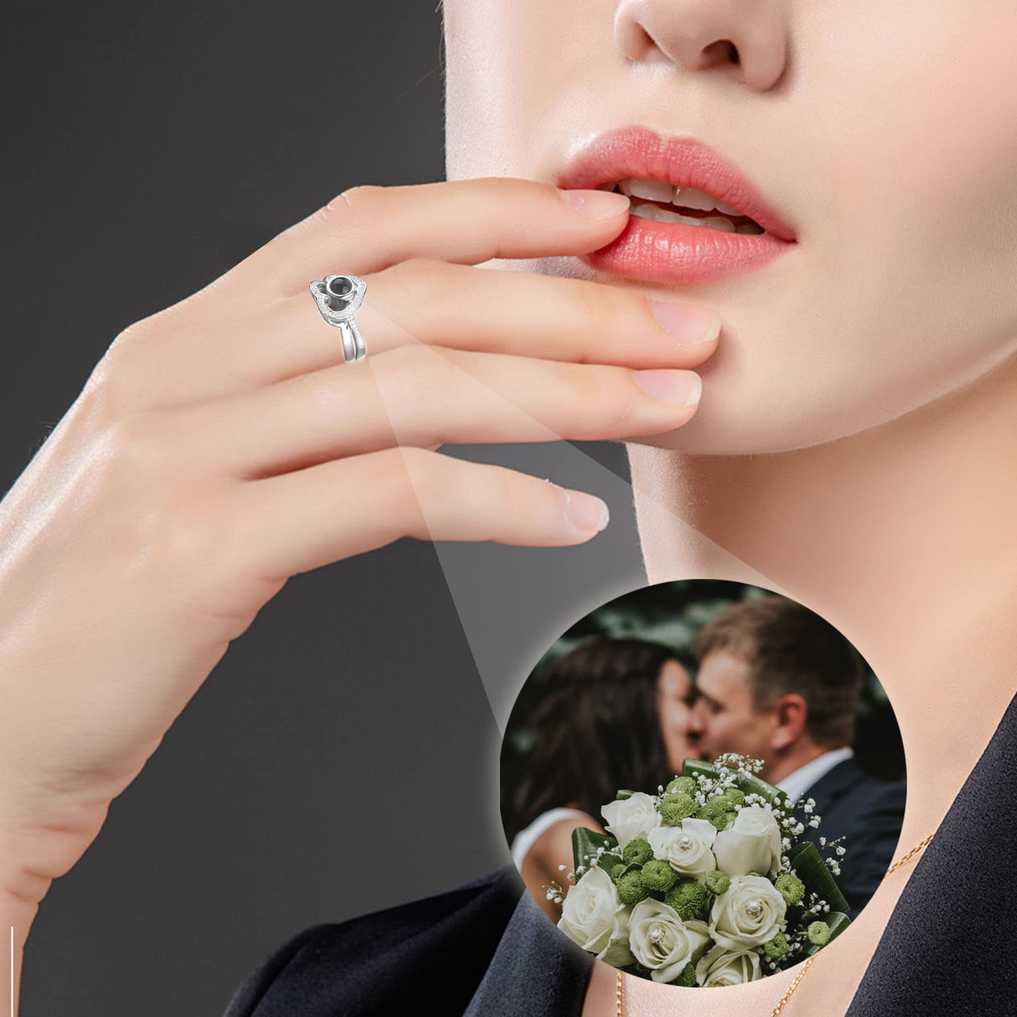 kindsnice Custom Photo Ring Personalized Projection Ring 925 Sterling Silver Heart Shaped Ring with Picture Inside I Love You 100 Language Heart Ring Wedding Band Engagement Ring for Women Mother