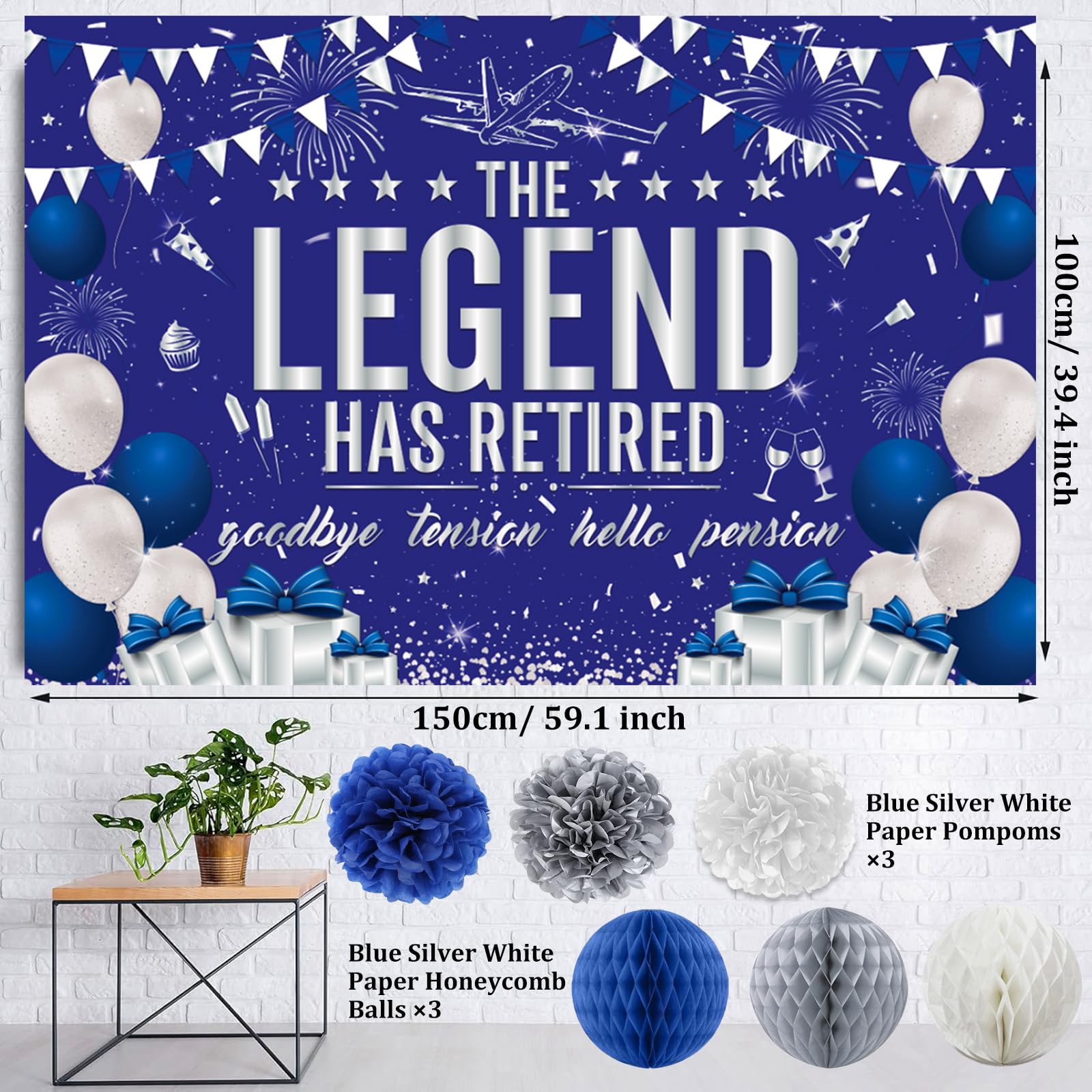 Retirement Party Decorations Blue Silver Happy Retirement Decorations for Men Women, Happy Retirement Banner, Retired Backdrop, Balloons, Pompoms, Hanging Swirl, Retirement Card, Cake Topper Set 54pcs