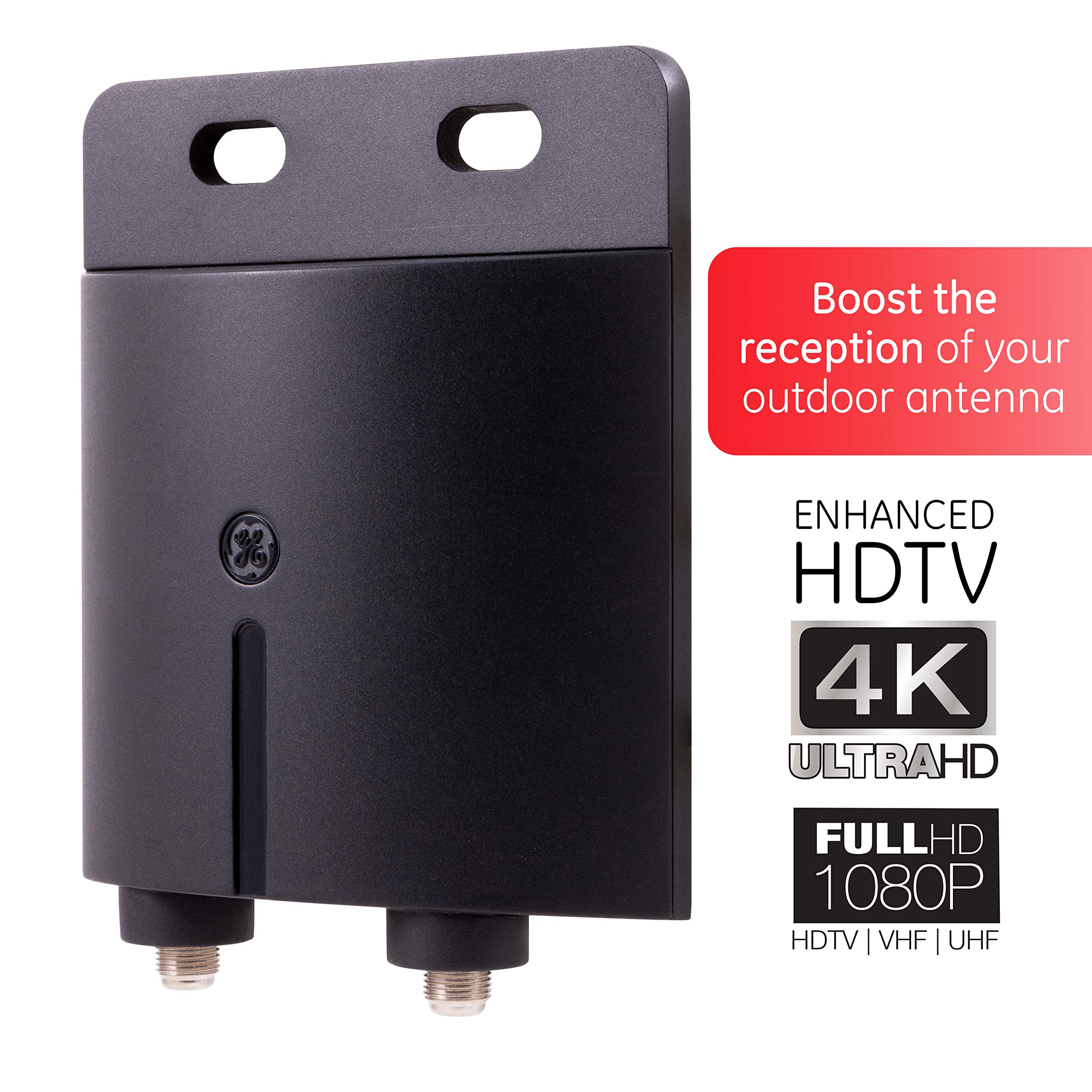 GE Pro Outdoor Antenna Amplifier, Low Noise Antenna Signal Booster, Clears Up Pixelated Low-Strength Channels, Supports HD Smart TV VHF UHF – 42179