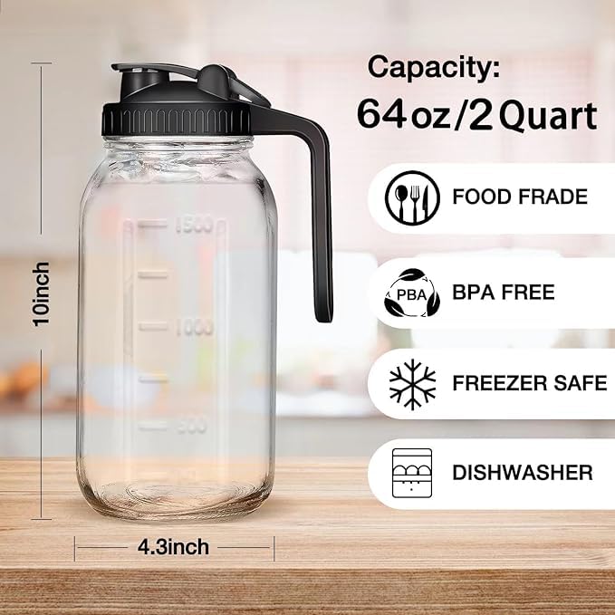 Glass Pitcher with Lid - 64OZ Wide Mouth Mason Jar Pitcher, 2 Quart Double Leak-proof Water Pitcher, Breastmilk Pitcher with Pour Spout Lids for Water, Juice, Milk, Tea, Iced Coffee, and Drinks