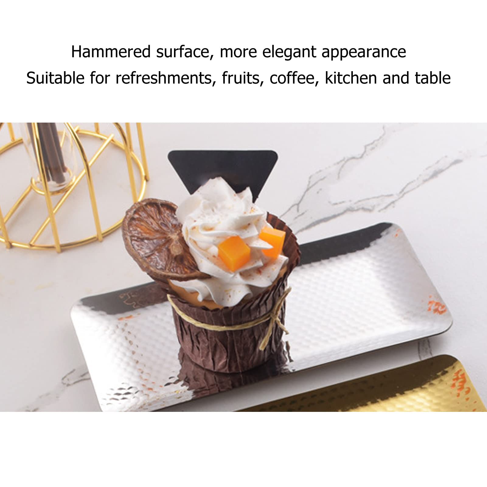 Hammered Tray with Raised Edges 9.8x4.3 inch Hammered Stainless Steel Rectangular Metal Serving Tray Platter Fruit Dish for Parties Copper Finish Makeup Organizer Jewellery Holder Towel(Silver)