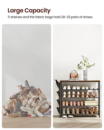 VASAGLE 5 Tier Extra Long Shoe Rack, 39.4 Inches Shoe Organizer with 8 Side Pockets, Shoe Shelf for Closet Entryway, with 4 Fabric Shelves, Steel Frame, Industrial, Rustic Brown and Black ULBS039B01