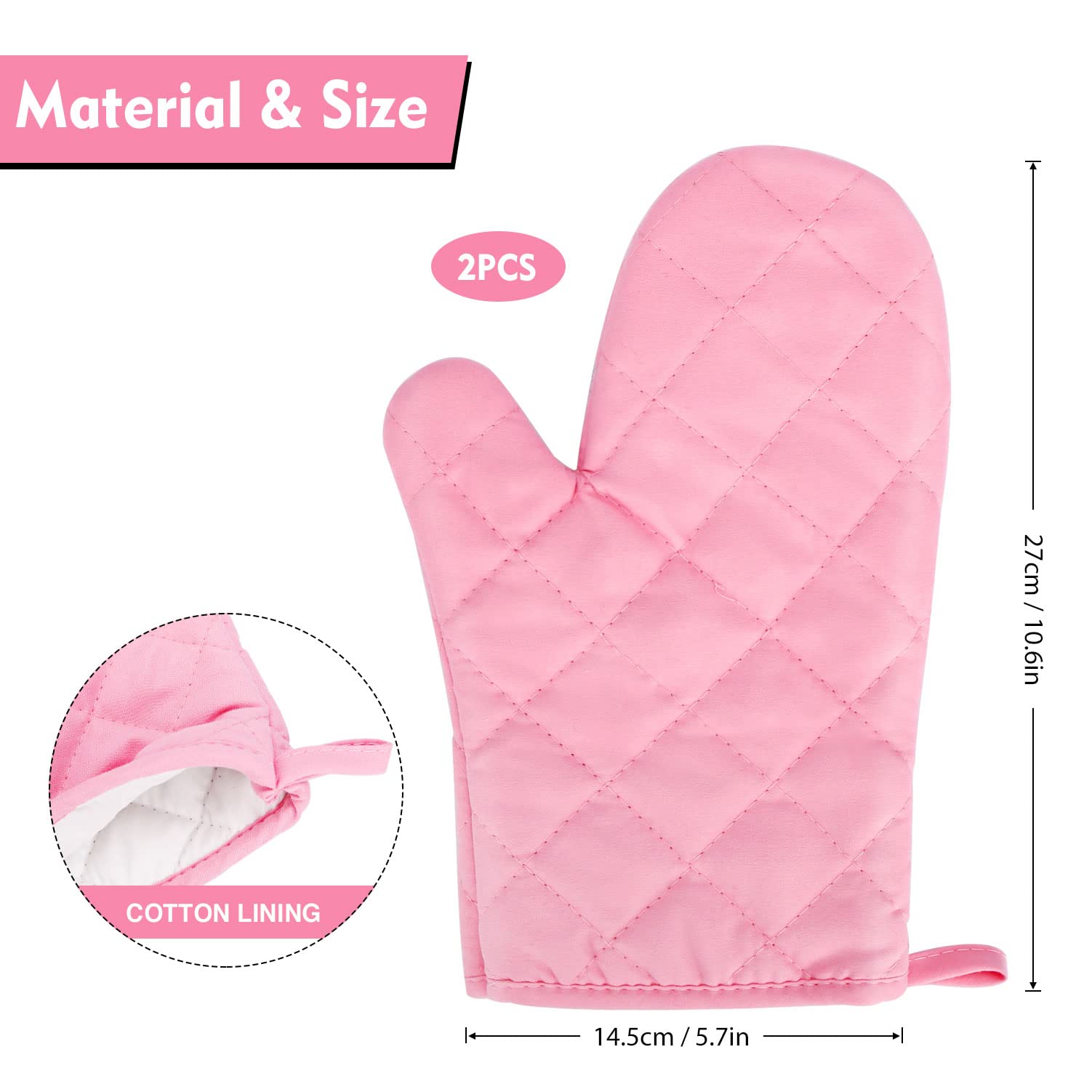 Heat Resistant Thick Cotton Oven Mitts Set, Soft Quilted Lining, Strong Grip Potholders for Hot Pans and Oven, Kitchen Mitt Pair Protect Hands, Cooking Baking BBQ Gloves, 11 Inch, Pink