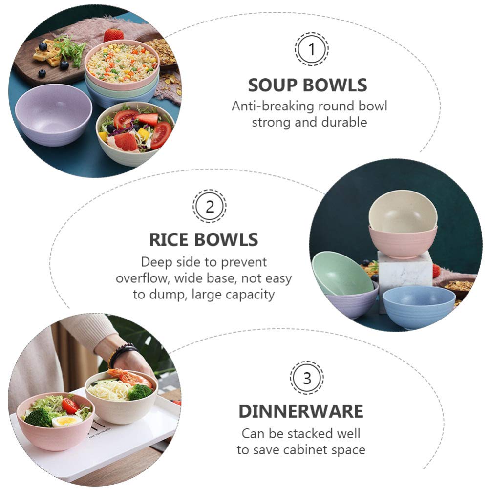 Hemoton 10pcs Unbreakable Cereal Bowls Wheat Straw Fiber Dishwasher and Microwave Safe Bowls for Dinner Dessert Rice Soup Pink Blue Beige Green Purple