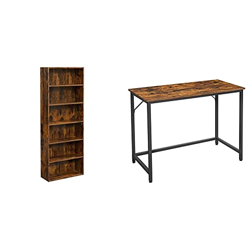 VASAGLE Bookshelf, 6-Tier Open Bookcase, Floor Standing Unit, Rustic Brown ULBC166X01 & 39-Inch Computer Writing Desk, Home Office Small Study Workstation, 39.4, Rustic Brown + Black