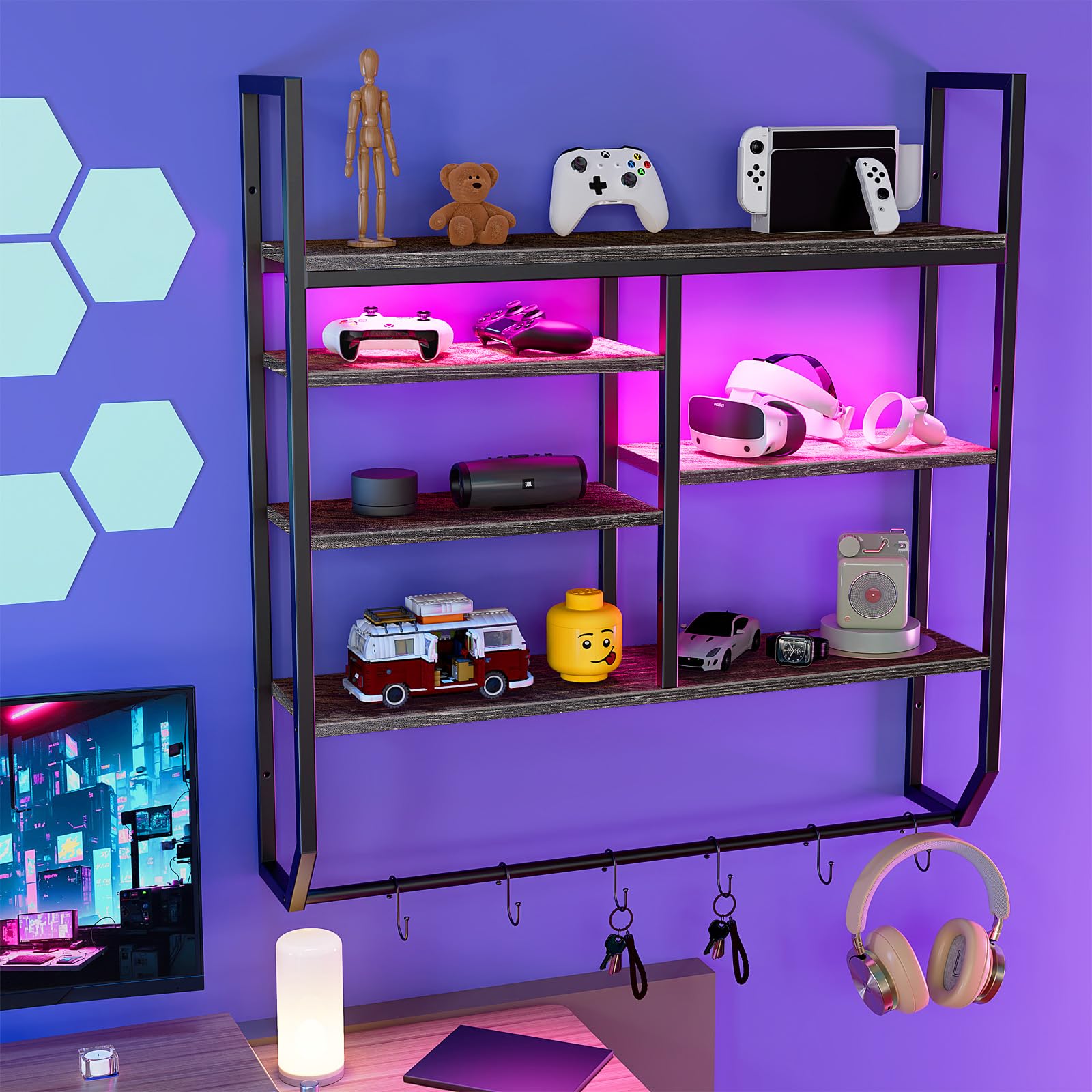Joyvilla Gaming Floating Shelves with Lights, Led Shelves with Adjustable Shelf, Wall Display Shelves for Gaming Room Decor, Kitchen,Bathroom, Office, Floating Bar Shelves, Gray