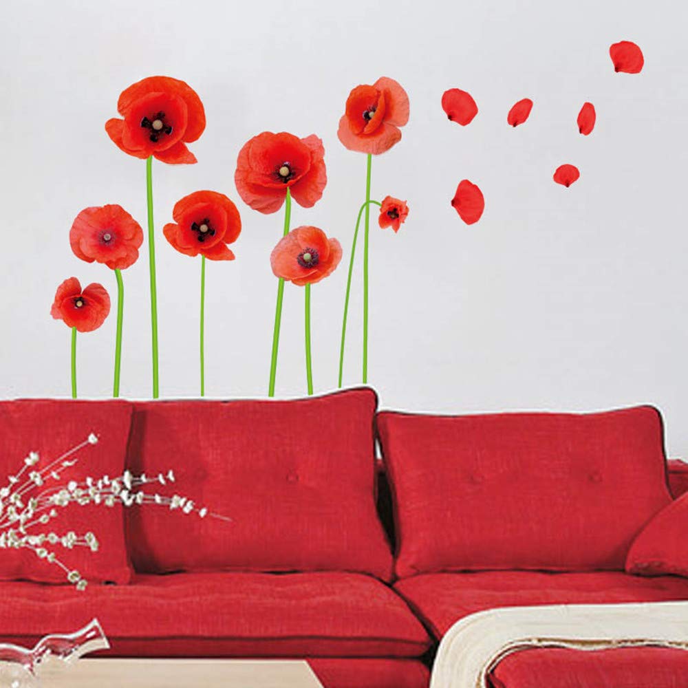 Esmee DIY Red Poppies Beautiful Flowers Vines Stick Wall Decals, Living Room Bedroom Children Room Nursery