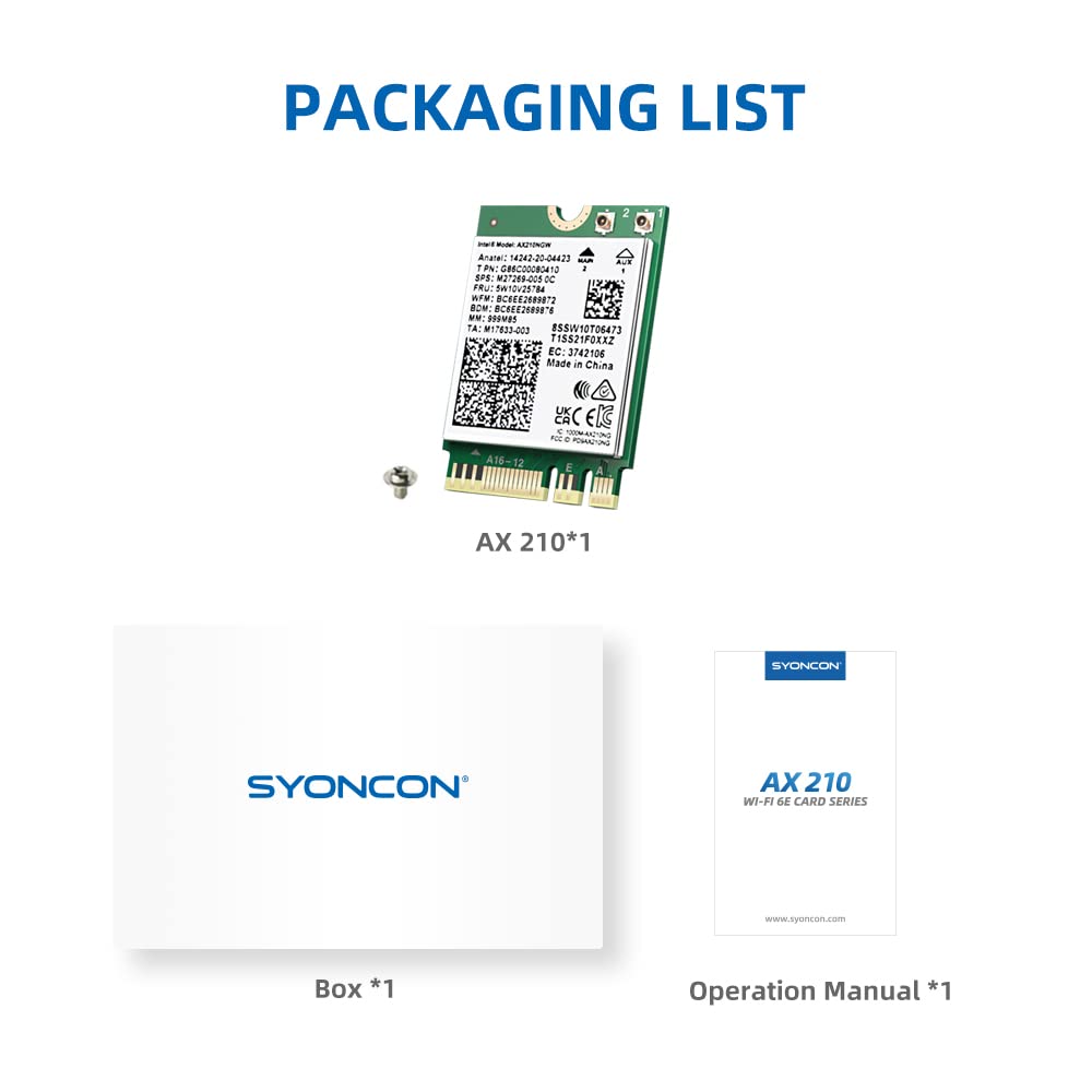 M.2 WiFi Intel AX210 NGW Card with Bluetooth 5.3, WiFi 6E 2X2 MU-MIMO 5400Mbps Wireless Network Module, MIMO WiFi Card 802.11AX with Wpa3 Security Tri-Band for Laptop Windows10/11 64bit