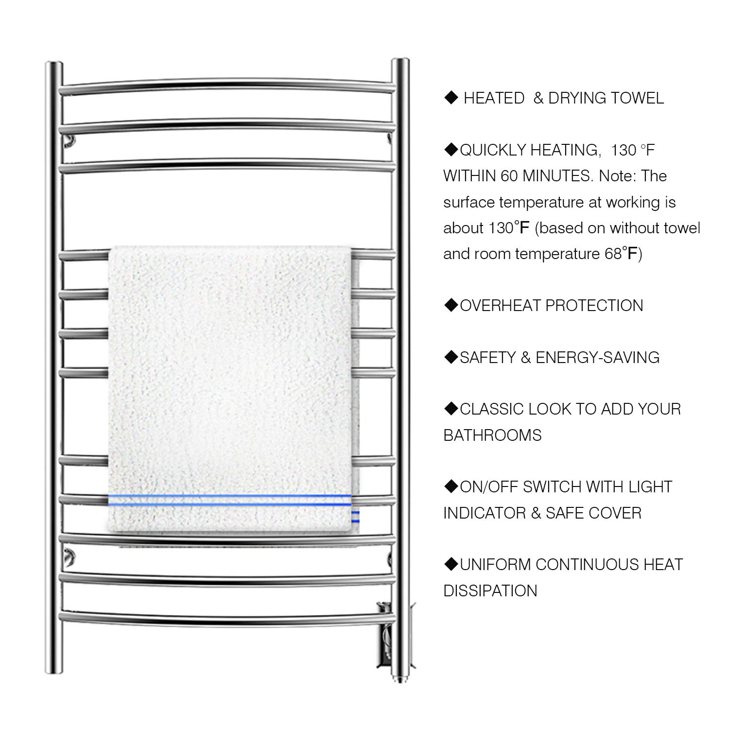 HEATGENE Towel Warmer Wall Mount Electric Plug-in/Hardwired Heated Towel Rack Mirror Polish