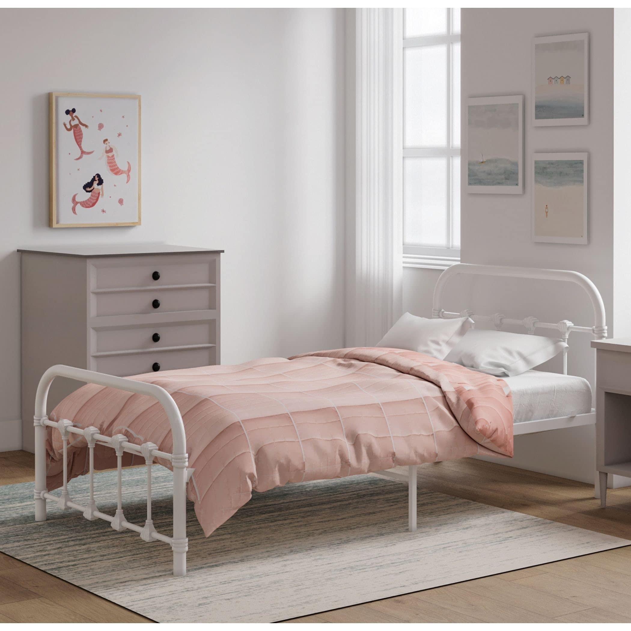 Rack Furniture Melissa Twin Size Bed Frame, Steel Vintage Bed for Kids with Molded Castings for Children's Bedroom, No Box Spring Required (White)
