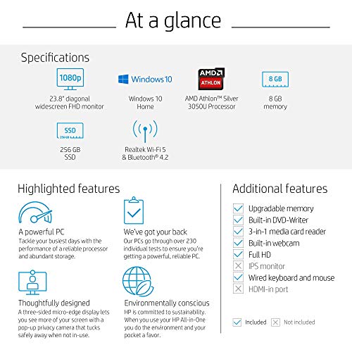 HP 24-inch All-in-One Desktop Computer, AMD Athlon Silver 3050U Processor, 8 GB RAM, 256 GB SSD, Windows 10 Home (24-dd0010, White) (Renewed)