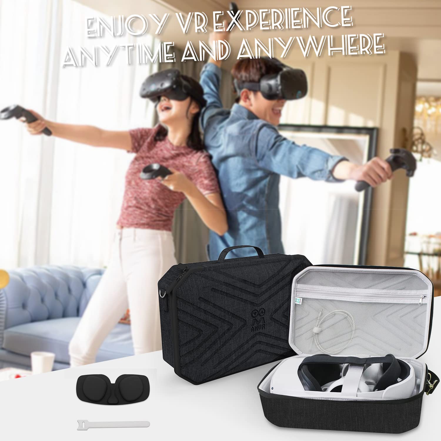 GOYERRNES VR Headset Carrying Case for Oculus/Meta Quest 2, Hard Travel Portable Case Compatible Elite Version with Adjustable Shoulder Strap& Lens Cover for Controllers Cable Cord Charger Storage