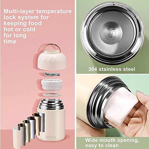 MultiOutools Vacuum insulated food jars with carry handle , stainless steel soup thermos for hot/cold food, Food containers with foldable spoon for Camping