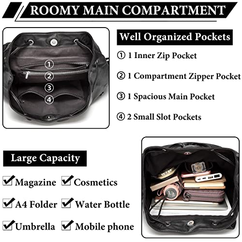 VASCHY Backpack Purse for Women, Fashion Faux Leather Buckle Flap Drawstring Backpack for College with Two Front Pockets Black