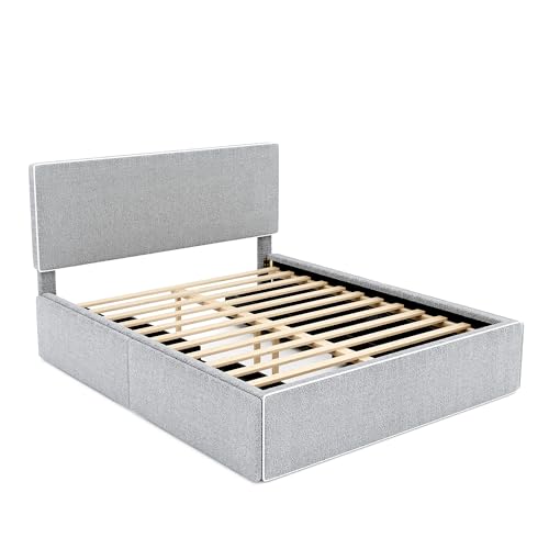 EMKK Full Size Upholstered Platform Bed with 4 Drawers and Golden Edge on The Headboard & Footboard,Bedframe for Kids,Adults Bedroom, w/4 Drawers Tufted Headboard