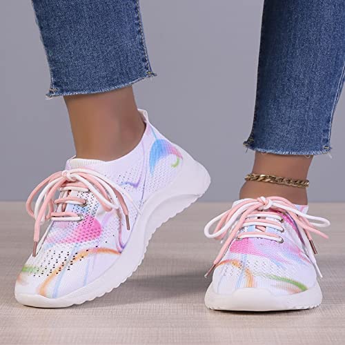 FASDNENDYS Ladies Fashion Color Mesh Breathable Round Toe Lace Up Low Top Flat Er Shoes Pink