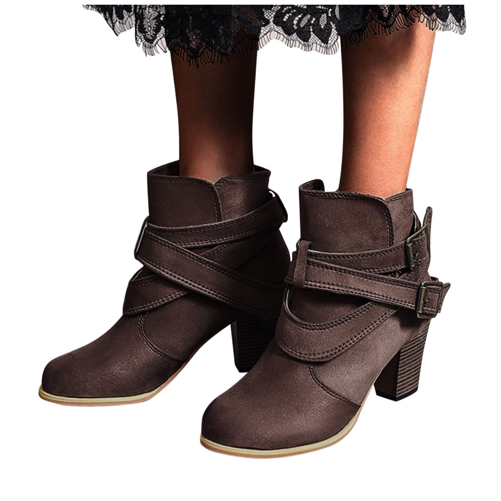 Foldap Fall Boots for Women 2022,Women's Fashion Closed Toe Multi Strap Ankle Bootie Block Hee Faux Leather Booties Chelsea Boots